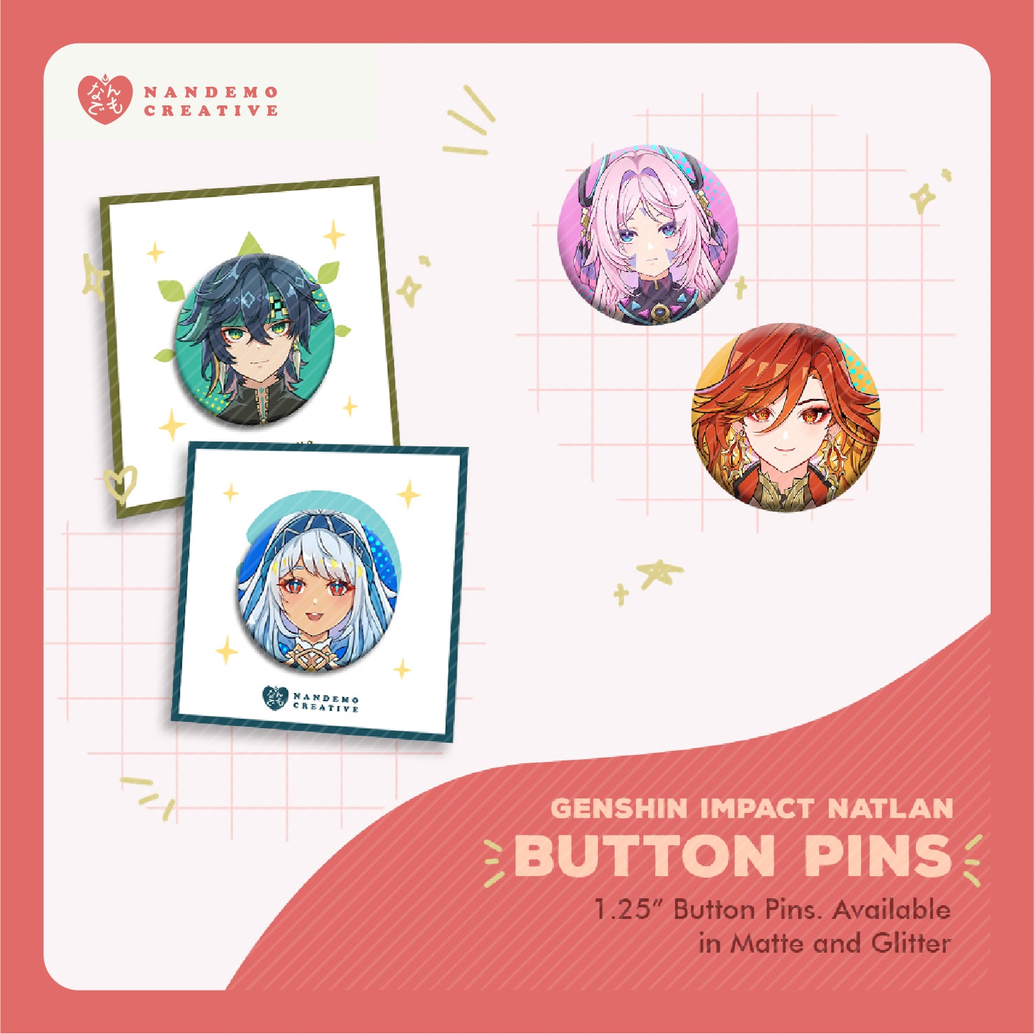 Genshin Impact Natlan Matte Glitter 1.25 Button Pin – Nandemo Creative